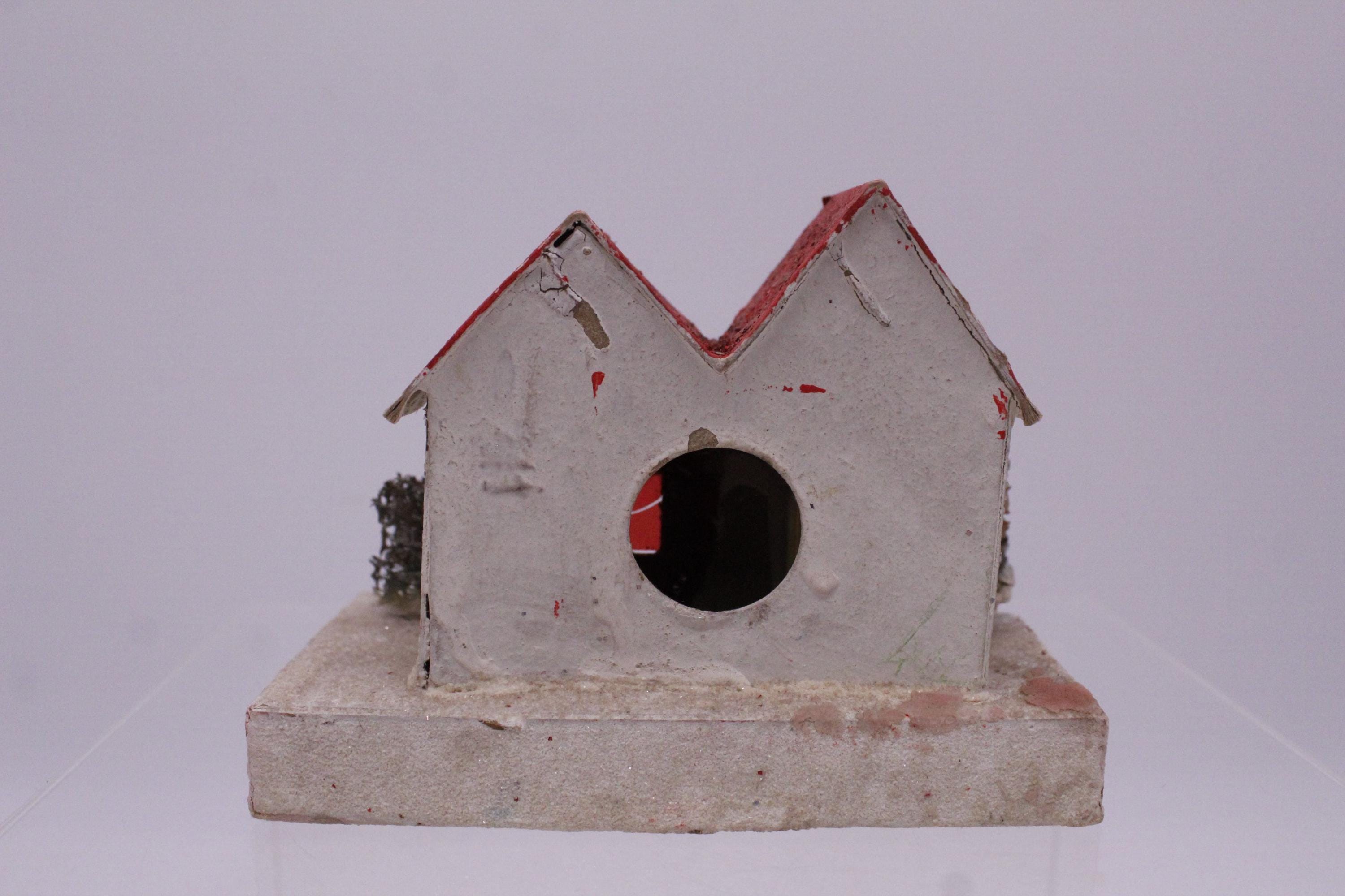 Vintage Putz House Red Double Roof 1940's Japan Tree and Bush Glitter ...