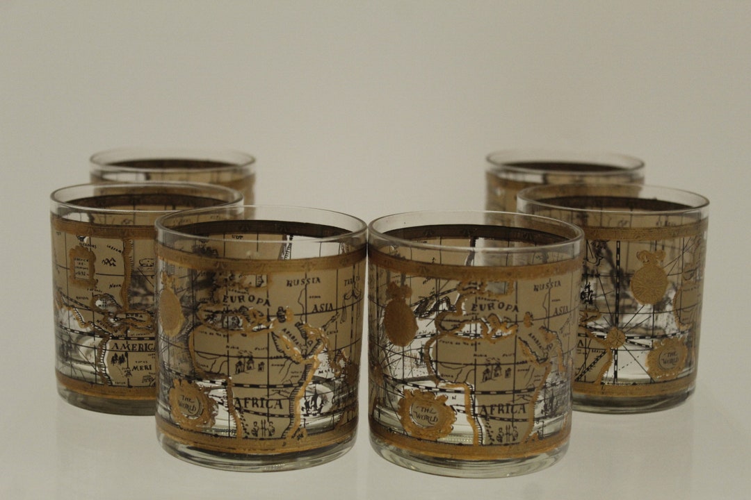 Vintage Mid Century Old World Atlas Map Glass Cups Set of Six (V9582 ...