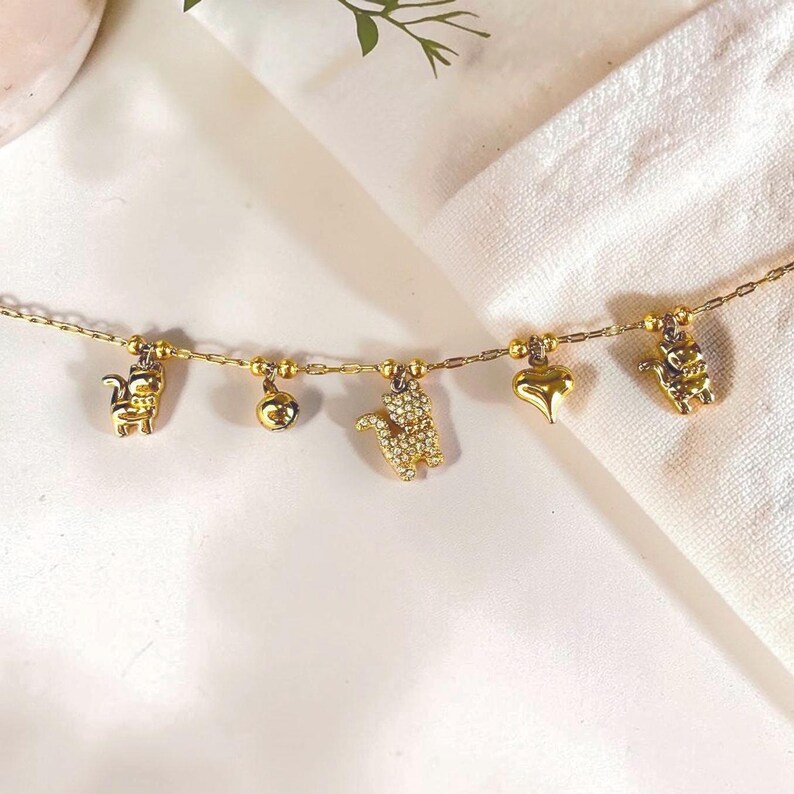 Cute Cat & Bell Charm Bracelet |18K Gold Plated Paperclip Chain ...