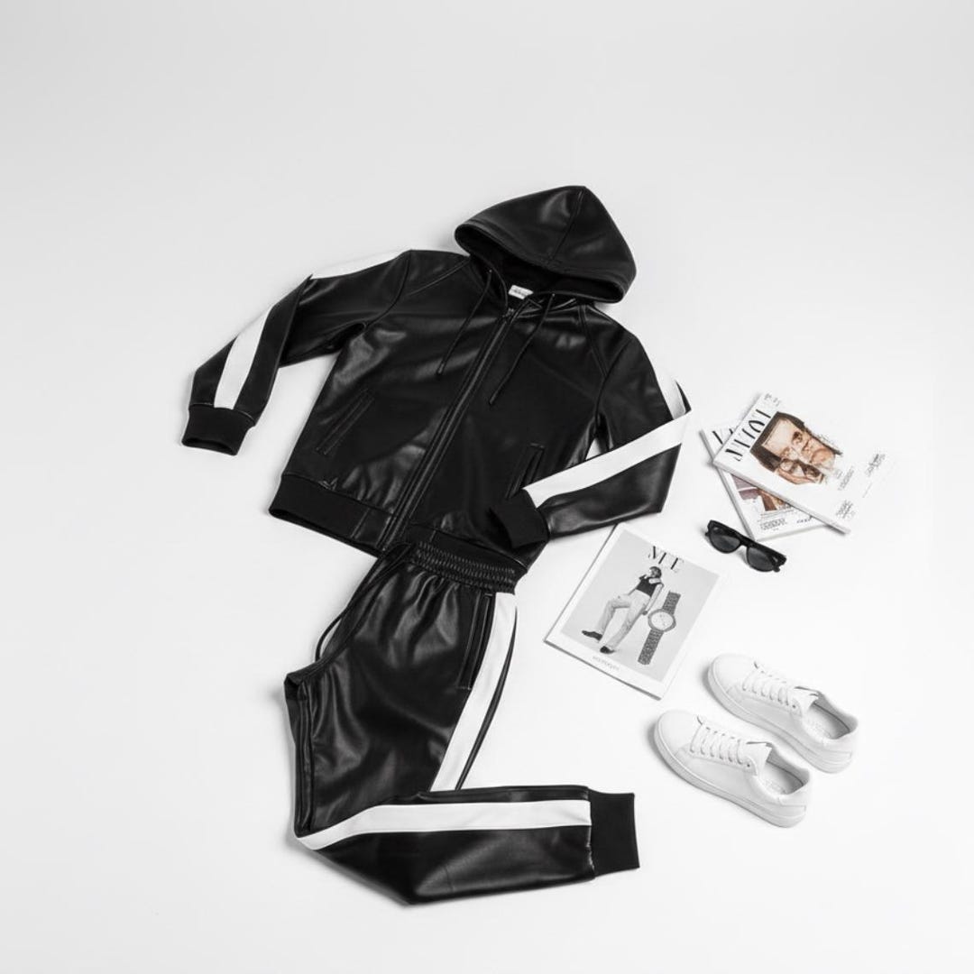 Men’s Black Leather Tracksuit Slim Fit Biker Hoodie Joggers Genuine ...