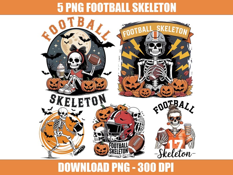 Skeleton Football PNG Bundle, Game Day Halloween Zombie Png, Spooky ...