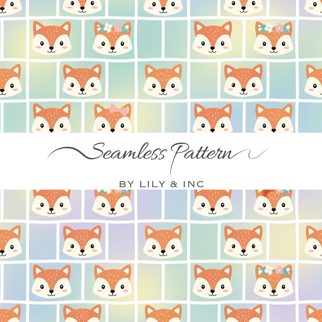 Seamless Fox Face Pattern With Pastel Squares, Cute Woodland Animal ...