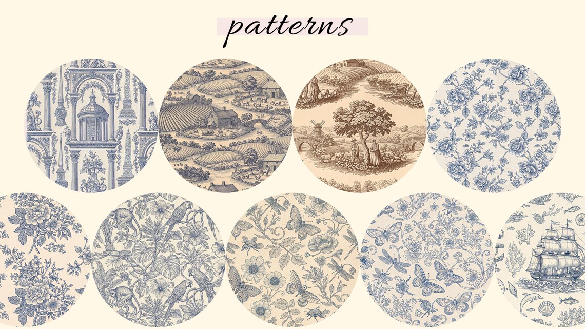 10 Toile De Jouy Seamless Patterns – Vintage French Style, Digital ...