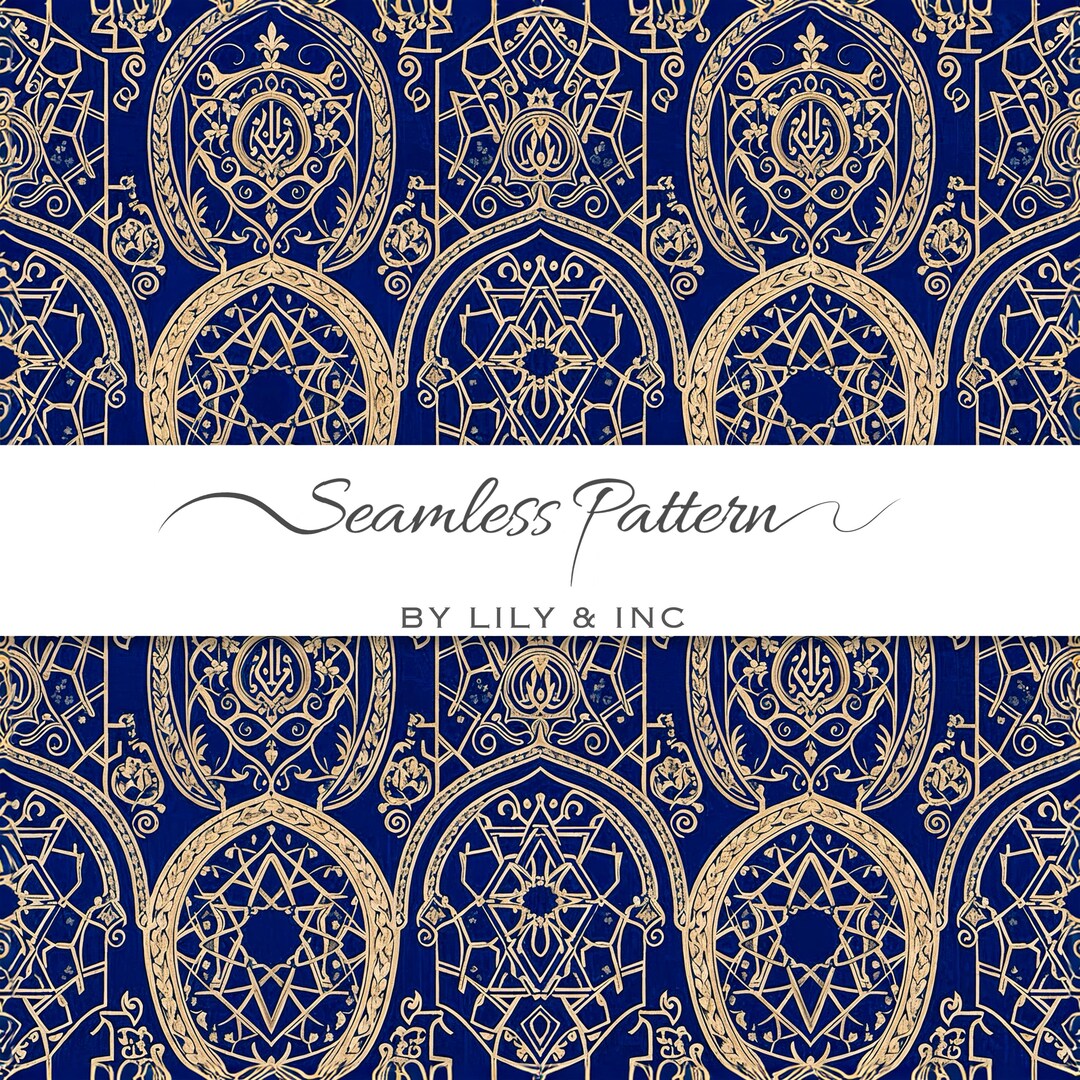 Celestial Elegance: Mythology Pattern – Rich Gold on Deep Blue – High ...