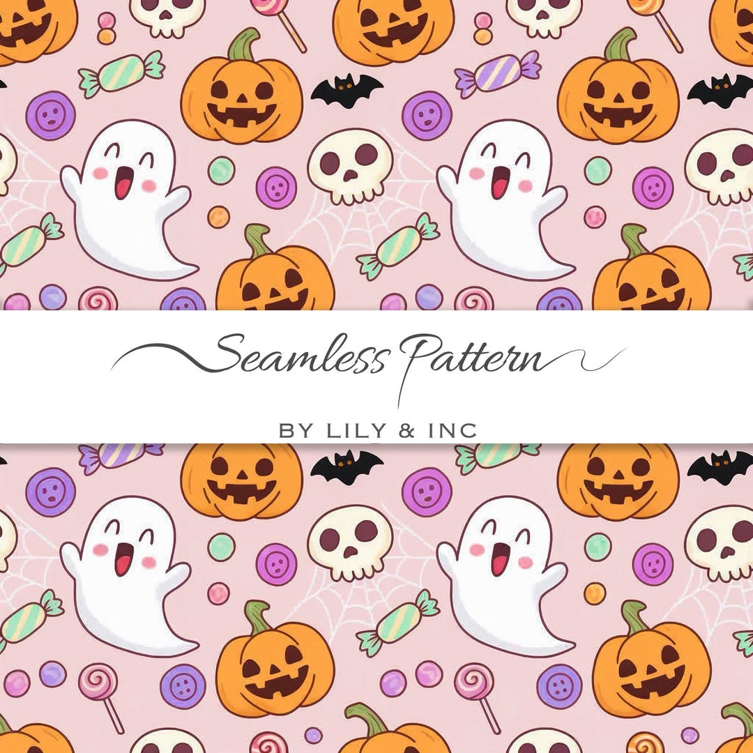 Cute Ghosts Pumpkins Candy Skulls and Bats Pastel Pink Halloween ...