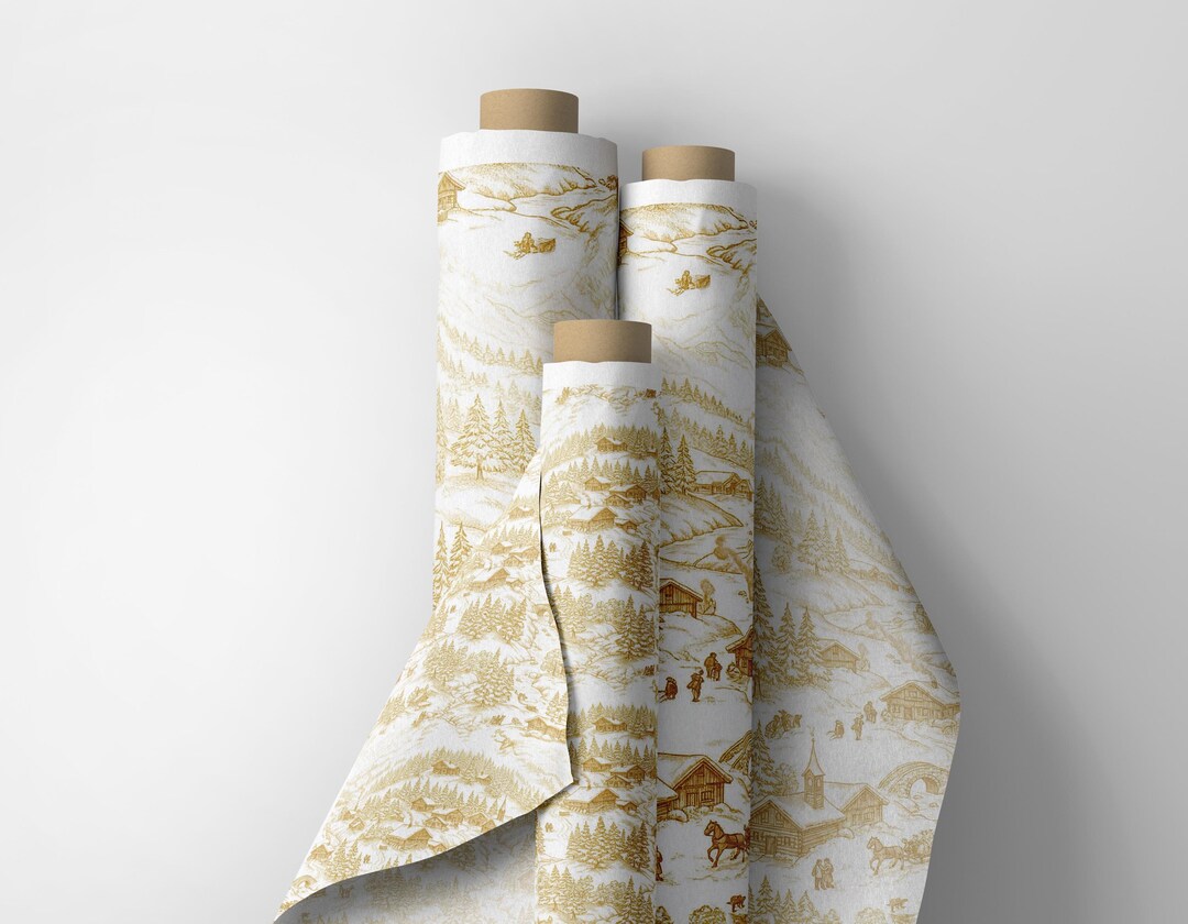 Golden Alpine Village Toile – Vintage Winter Serenity – Cozy Mountain ...
