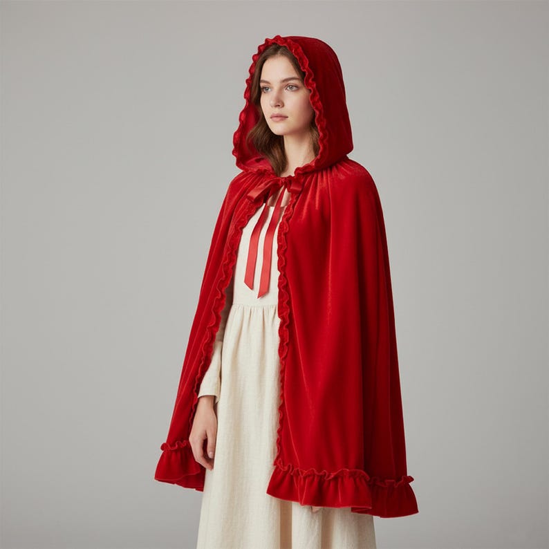 Red Velvet Hooded Cape: Ruffle Trim Cloak - Fairytale Costume - Etsy