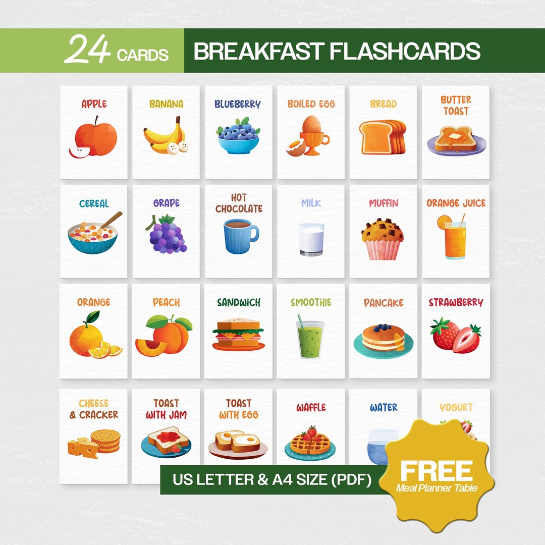 24 Breakfast Flashcards for Kids + FREE 3-color Planner | Printable ...