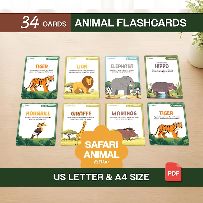 Safari Animal Flashcards | Educational Kids Learning (PDF) - Etsy