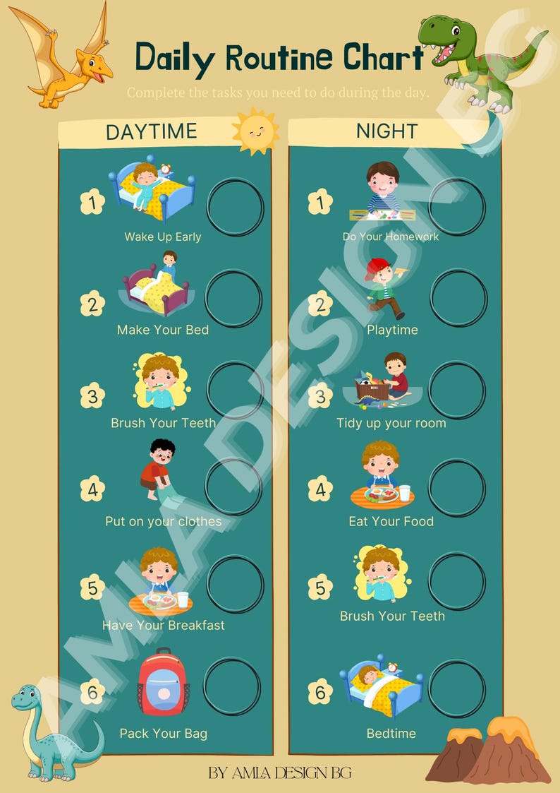 Fun Dinosaur Routine Chart for Kids | Morning & Evening Habits ...