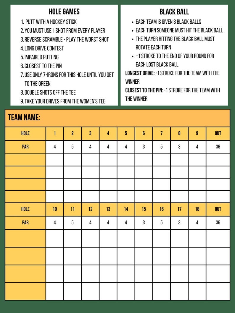 Golf Scramble Scorecard, Game Rules and Team Listing - Etsy