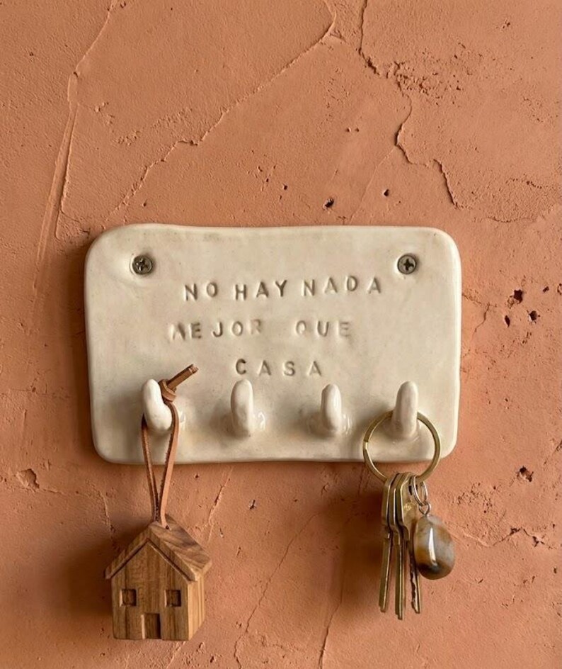 Handmade Ceramic Key Holder | 4 Hook Wall Key Organizer | Custom Text ...