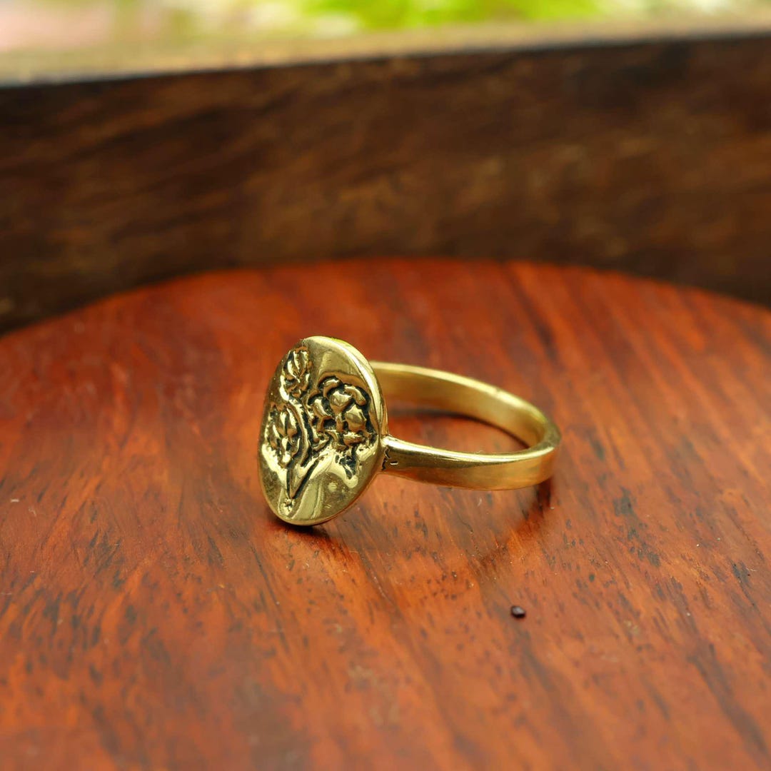 Gold Flower Signet Ring, Oval Rose Ring, Vintage Floral Jewelry ...