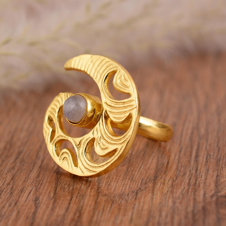 Handcrafted Gold Crescent Moon Ring With Natural Moonstone, Celestial ...