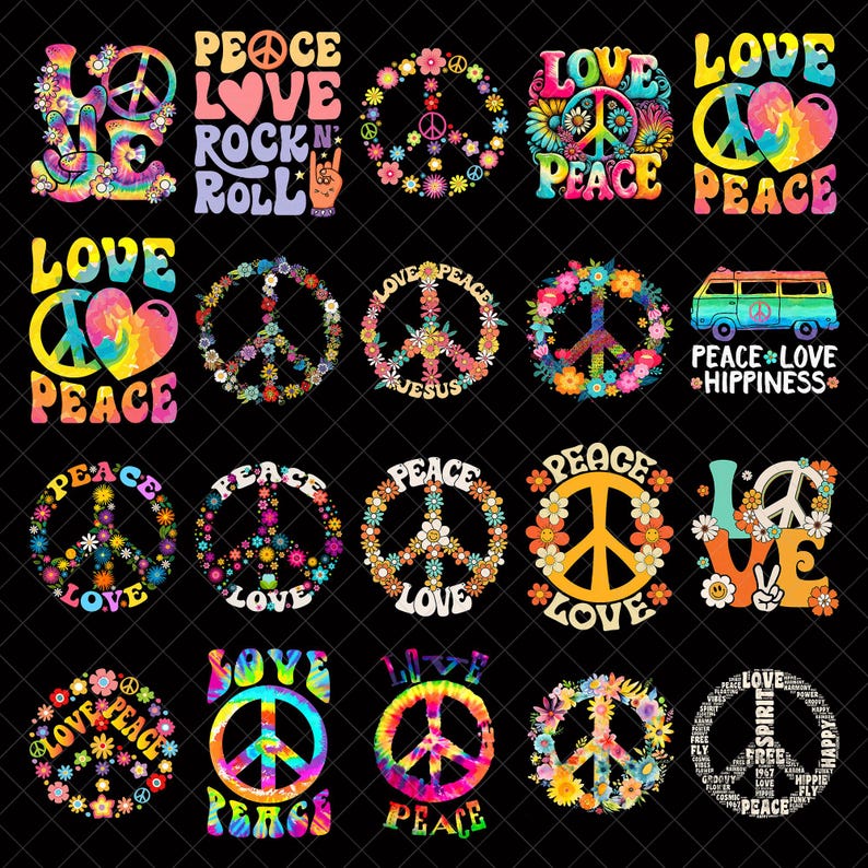 Groovy Hippie Peace Love PNG Bundle, Retro Tie Dye Flower Power ...