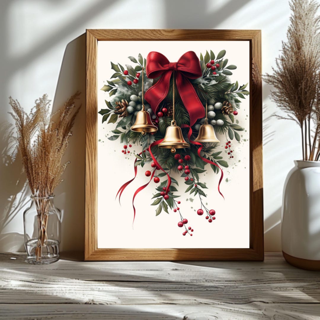 Christmas Bells Watercolor Print | Red Bow Holiday Decor (digital ...