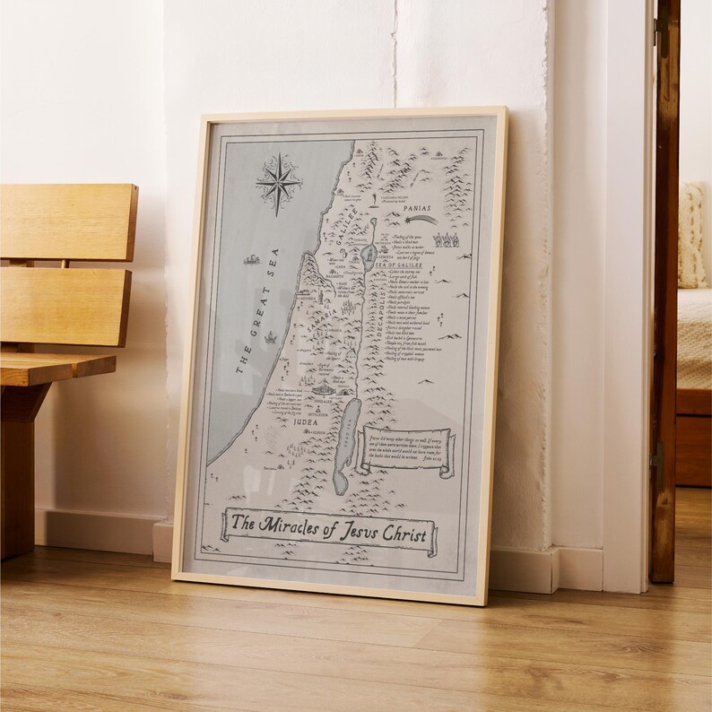 Jesus Miracles Vintage Map Ministry Print Holy Land Bible Study ...