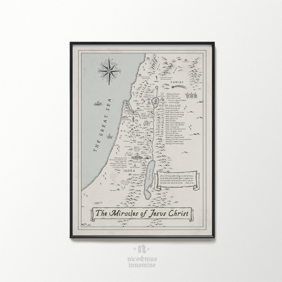 Jesus Miracles Vintage Map Ministry Print Holy Land Bible Study ...