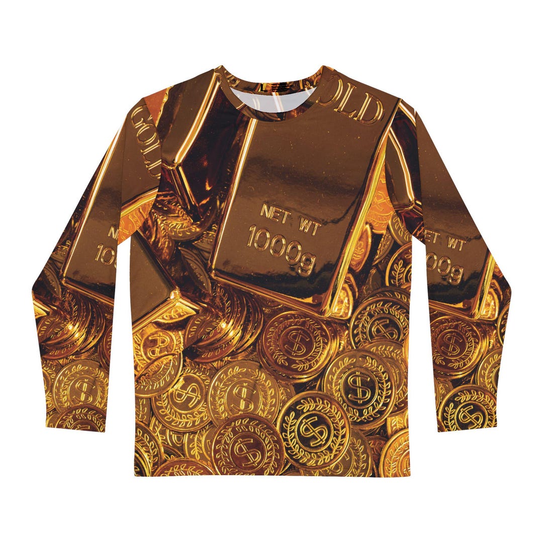 Gold Men's Long Sleeve Shirt, Gold Graphic Shirt, Unique Polyester Top ...