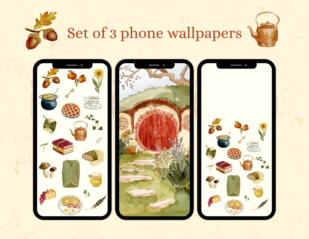 Watercolor Shire Phone Wallpaper Set, Cottagecore Illustration (digital ...