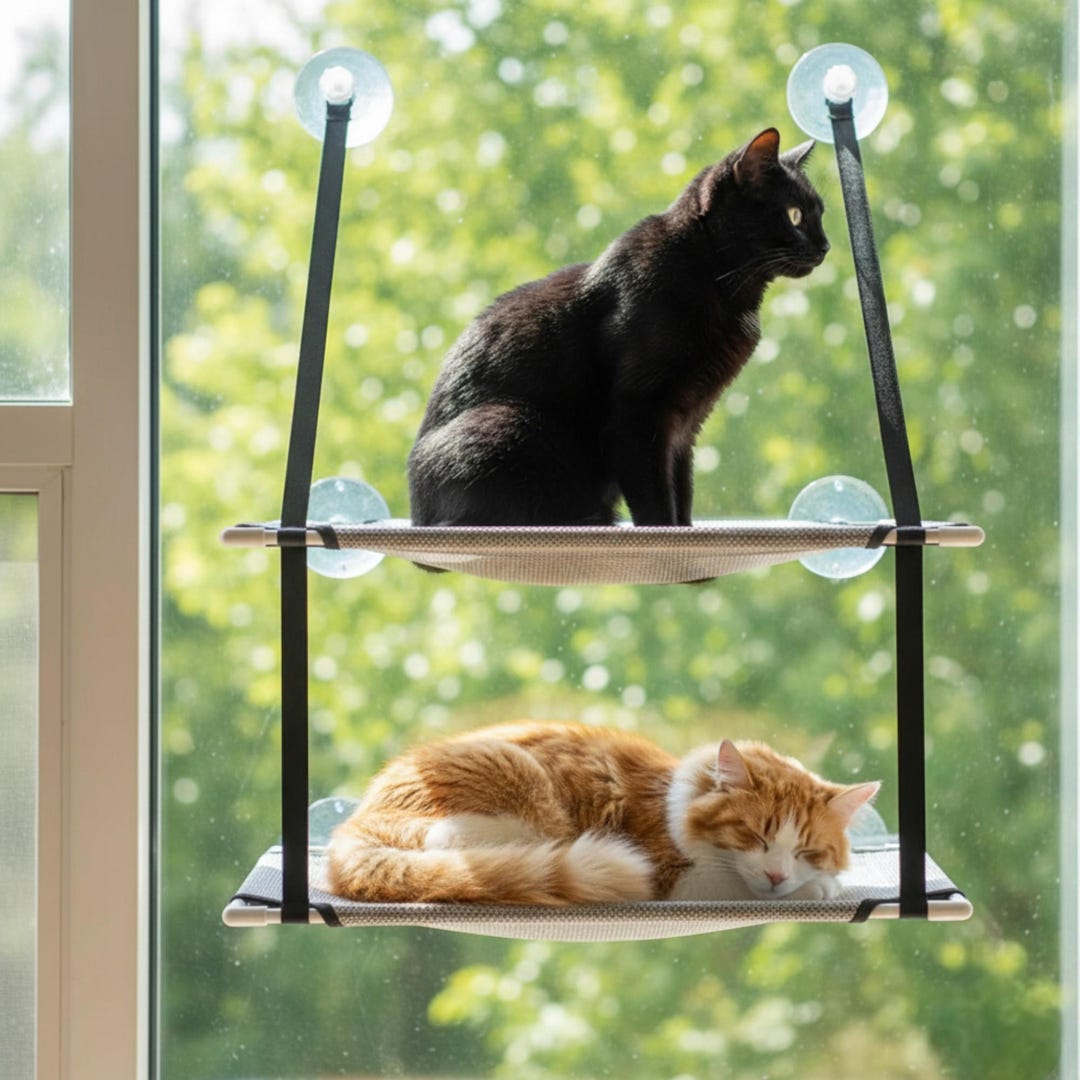 Double Layer Cat Window Perch - Grey Space Saving Cat Bed & Hammock ...