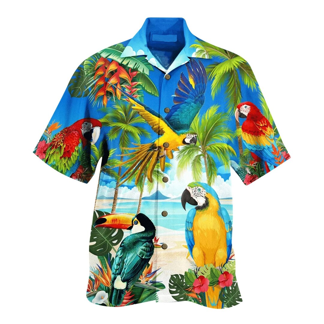 8 Styles Parrots Animal Print Lapel Short Sleeve Hawaiian Shirts Summer ...
