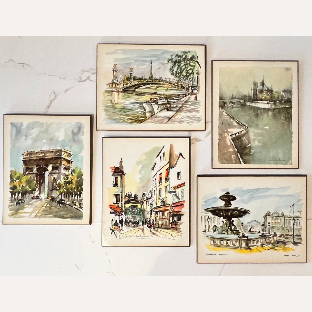 Vintage Paris Wall Art Set of 5 | Mid Century French Prints on Board ...