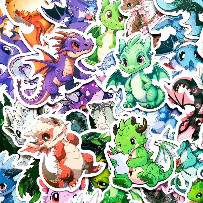 Pack of 50 Cute Dragon Stickers, Kawaii Fantasy Dragon Stickers ...