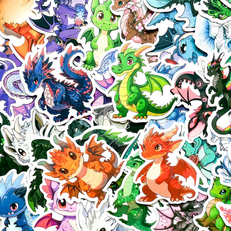 Pack of 50 Cute Dragon Stickers, Kawaii Fantasy Dragon Stickers ...