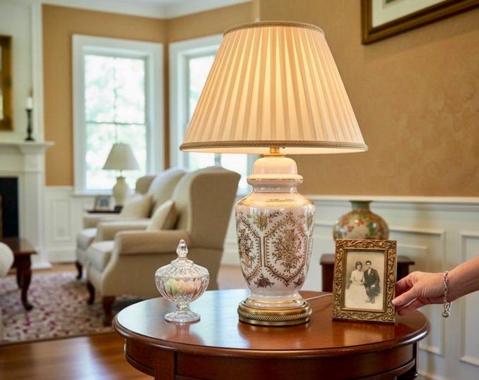 Antique Iridescent Milk Glass Table Lamp - French Brass Base - 13
