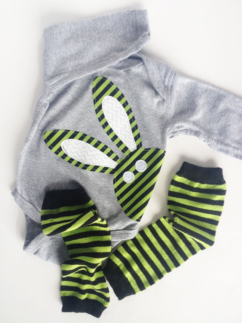 Bunny Rabbit Bodysuit, Grey and Green Bunny Rabbit Shirt, Easter Baby ...