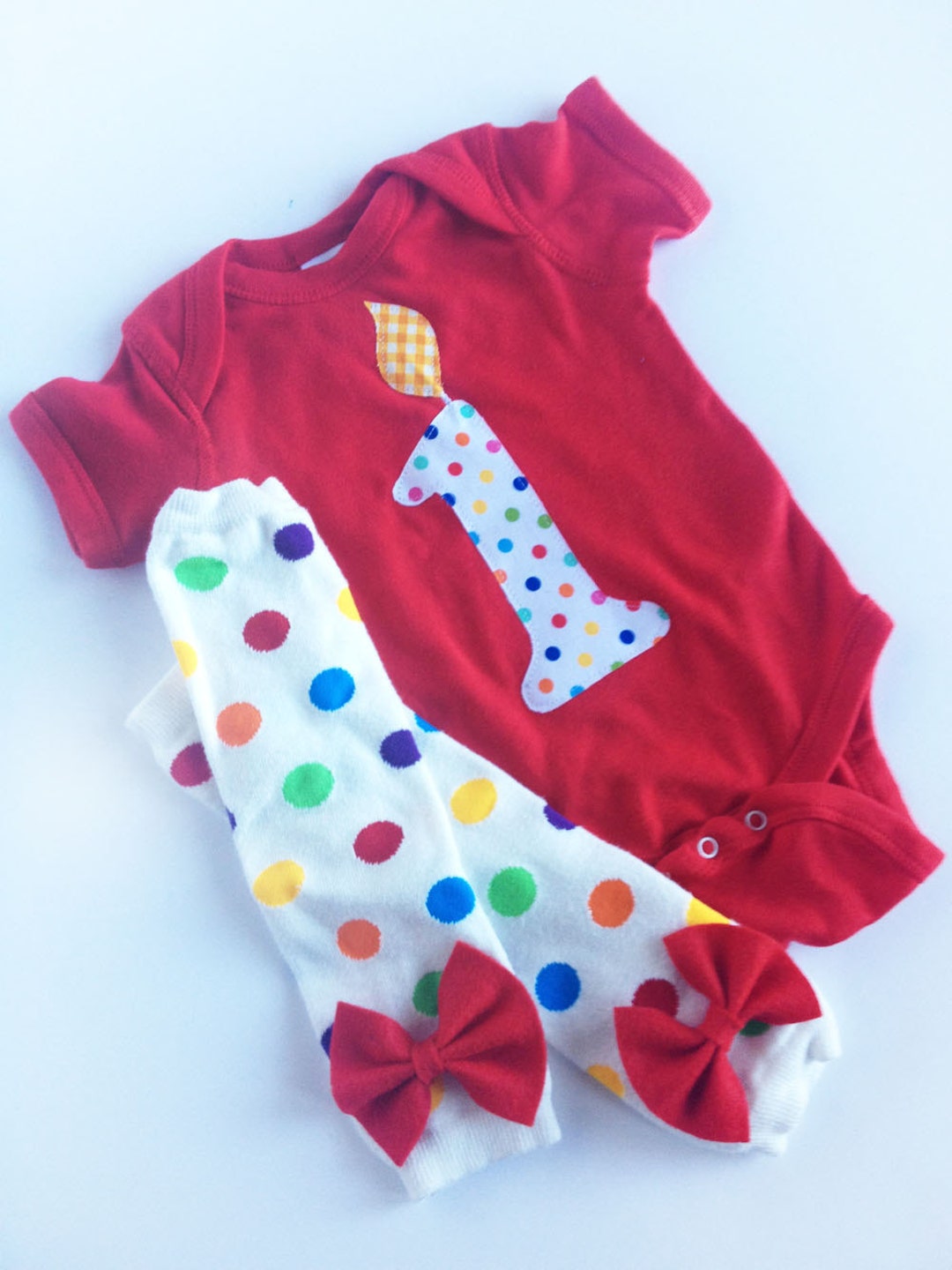 First Birthday Number 1 Candle Red One Piece With Rainbow Polka Dot Bow ...