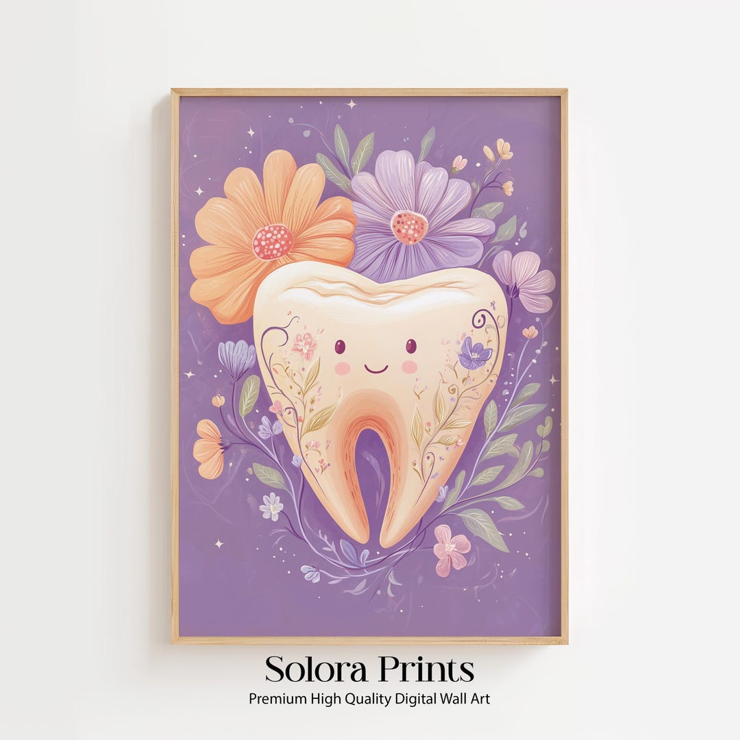 Printable Kawaii Tooth Art, Pastel Dental Wall Decor, Cute Molar With ...