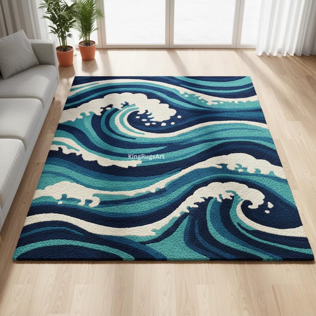 Ocean Waves Rug | Handmade Wool Carpet With Blue Sea Wave Pattern ...