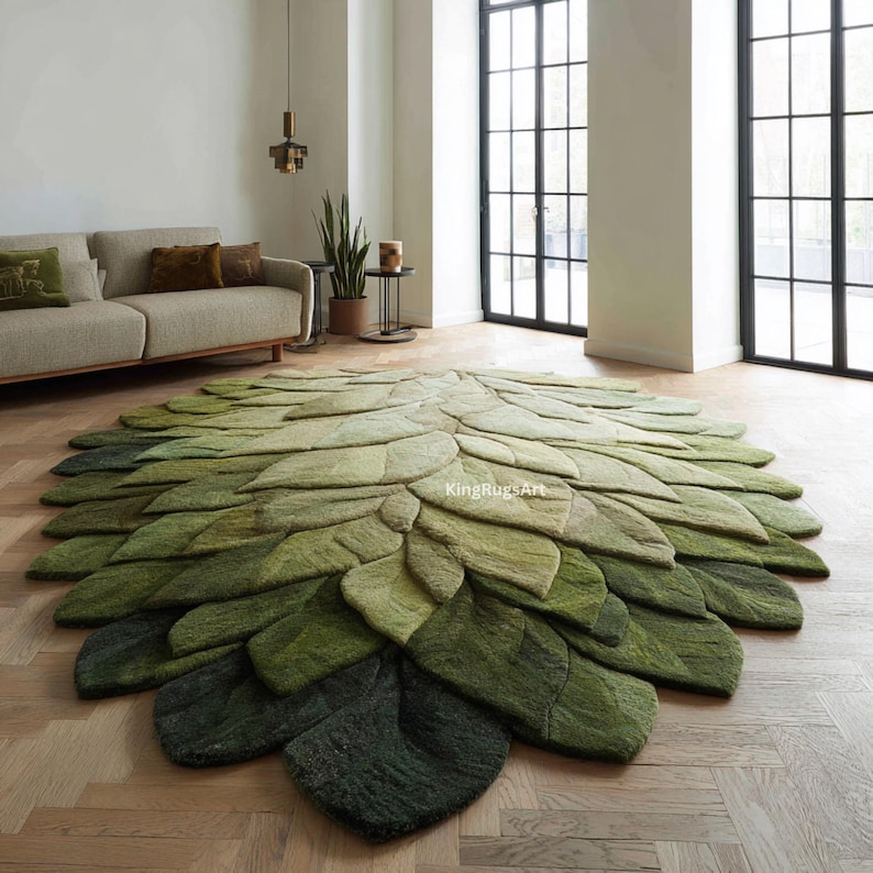 Hand-tufted Wool Area Rug | Green Leaf Petal Design, Custom Size - Etsy