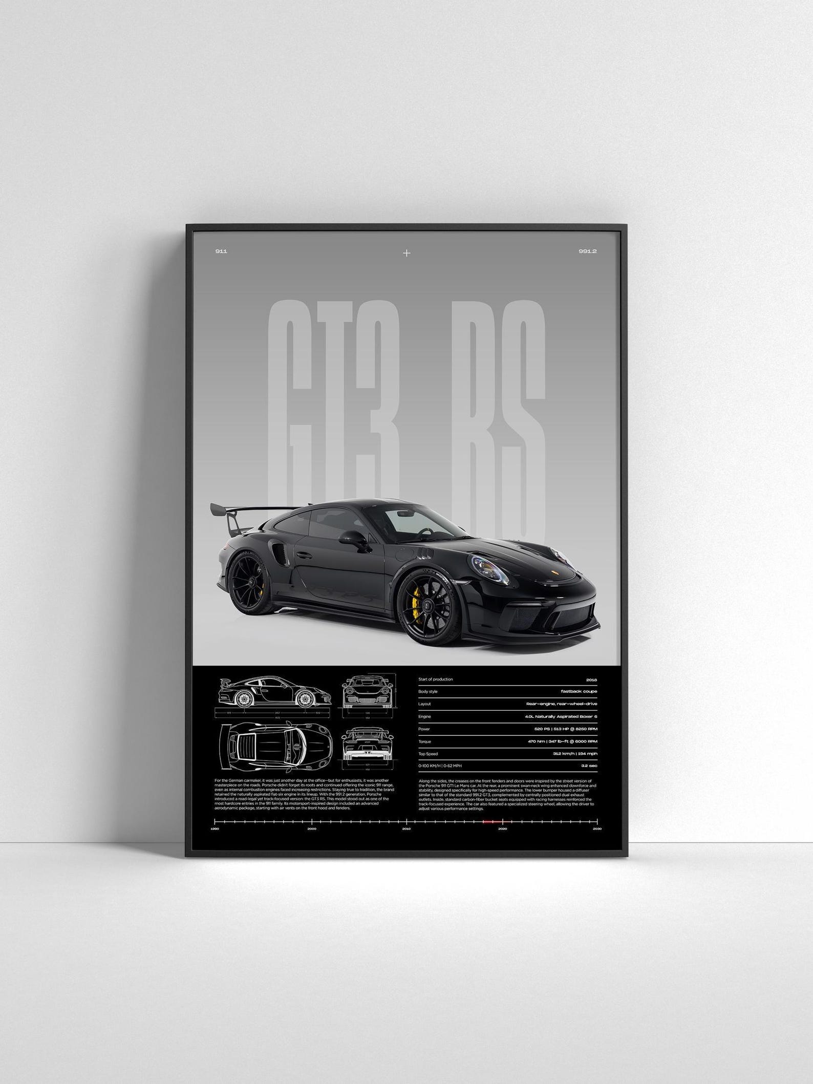 Porsche 911 GT3 RS 991.2 Poster | Exotic Supercar Wall Art | Black ...