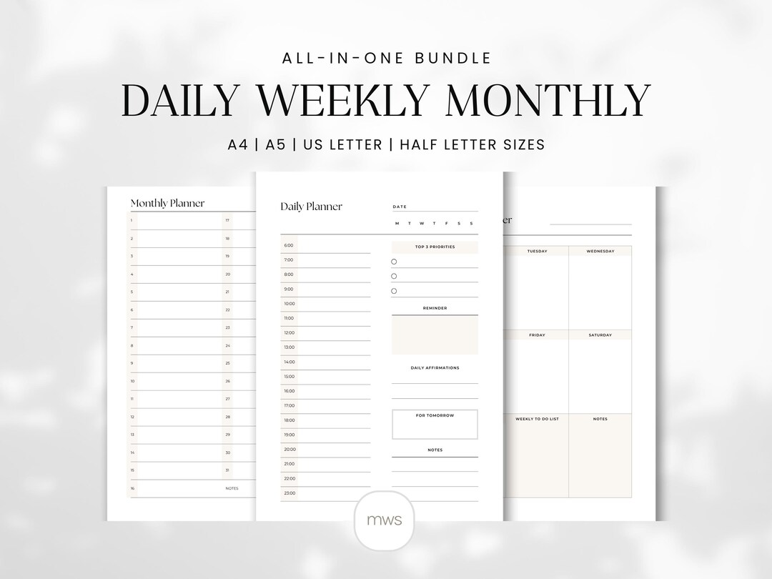 Minimal Planner Bundle | Daily Weekly Monthly | Printable A4, A5, US ...