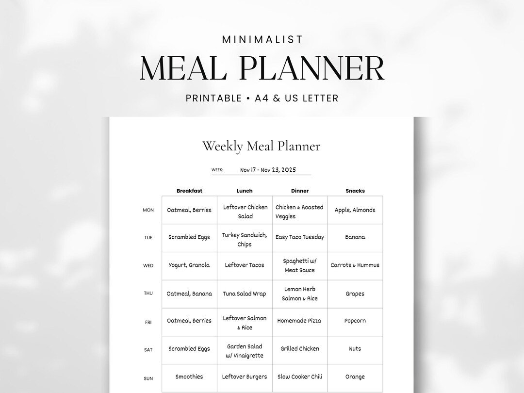 Minimalist Meal Planner Printable, ADHD Decision Fatigue Killer, Weekly ...