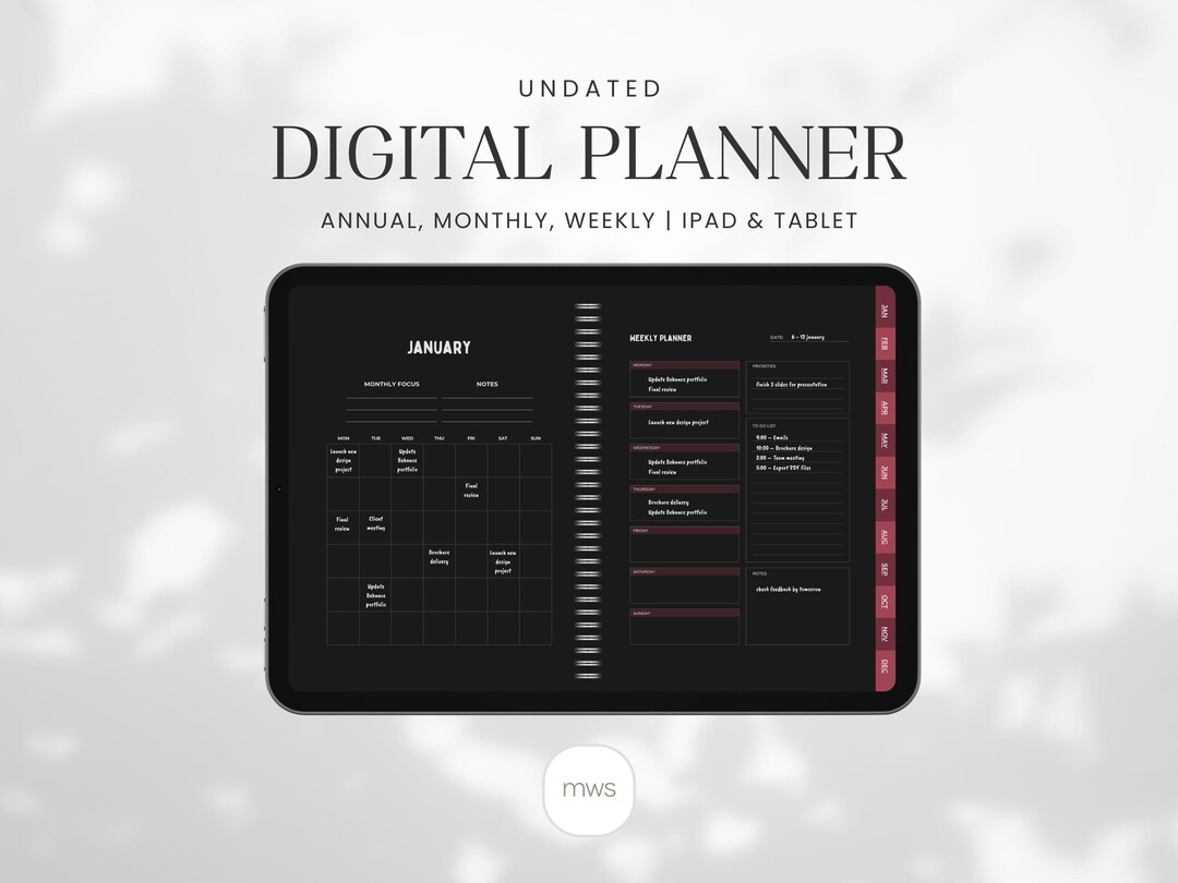 Dark Mode Digital Planner | Undated Annual, Monthly, Weekly Planner ...