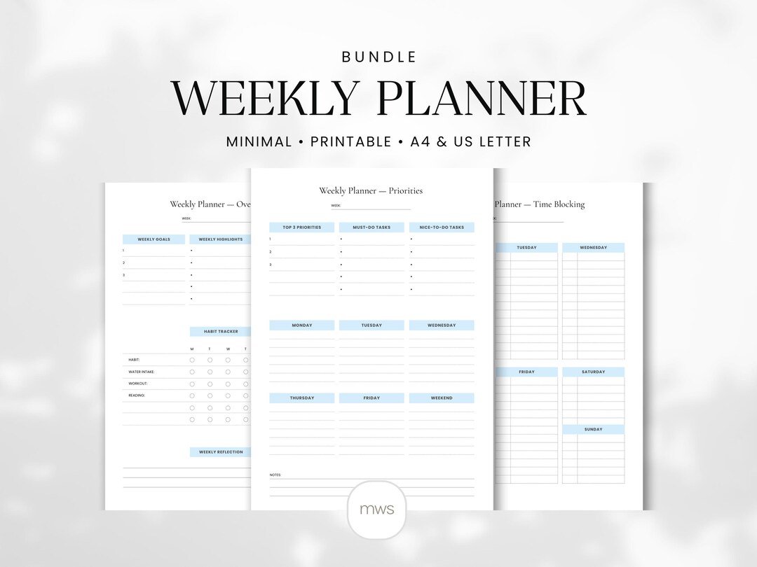 Minimal Weekly Planner Printable Bundle | A4 & US Letter | 3 Page Set ...