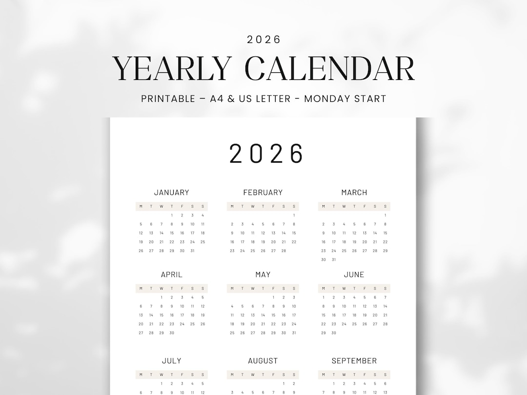 2026 Yearly Calendar Printable | Minimal One-page Annual Planner - Etsy