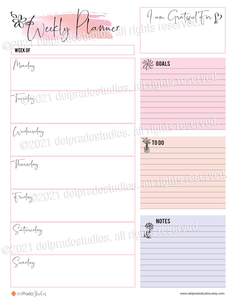 Printable Weekly Planner Page With Gratitude/to Do/goals/note Boxes ...