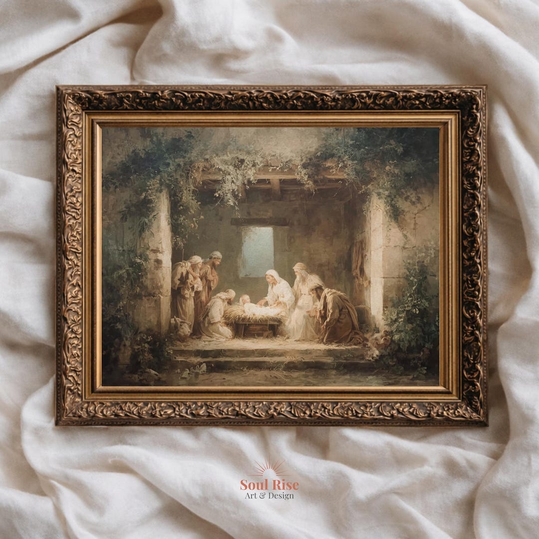 Vintage Nativity Scene Art Print, Holy Family Christmas Painting ...