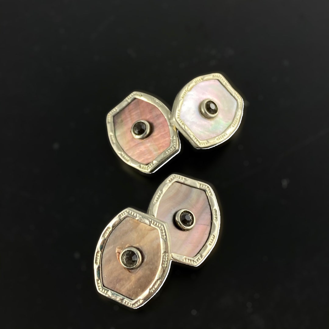 Antique Deco Grey Shell Cuff Links - Oyster Shell Rhinestone Button ...