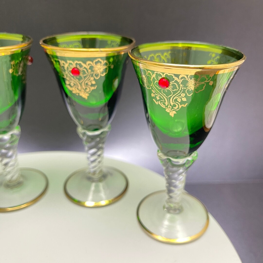 4 Czech Bohemian Sherry Glasses Red Green Gold Flowers - Christmas ...