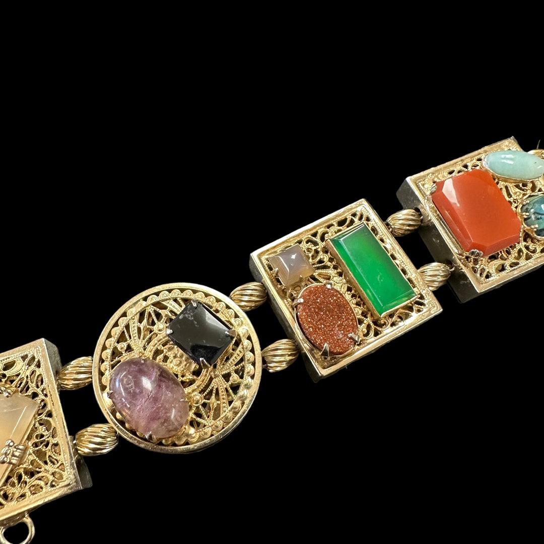 Vintage Victorian Revival Slide Bracelet Kafin New York Semi Precious Stones Gemstones Charm ...