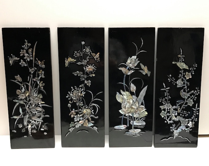 4 Vintage Korean Shell Inlay Panel Pictures. Lacquer Oriental Asian ...