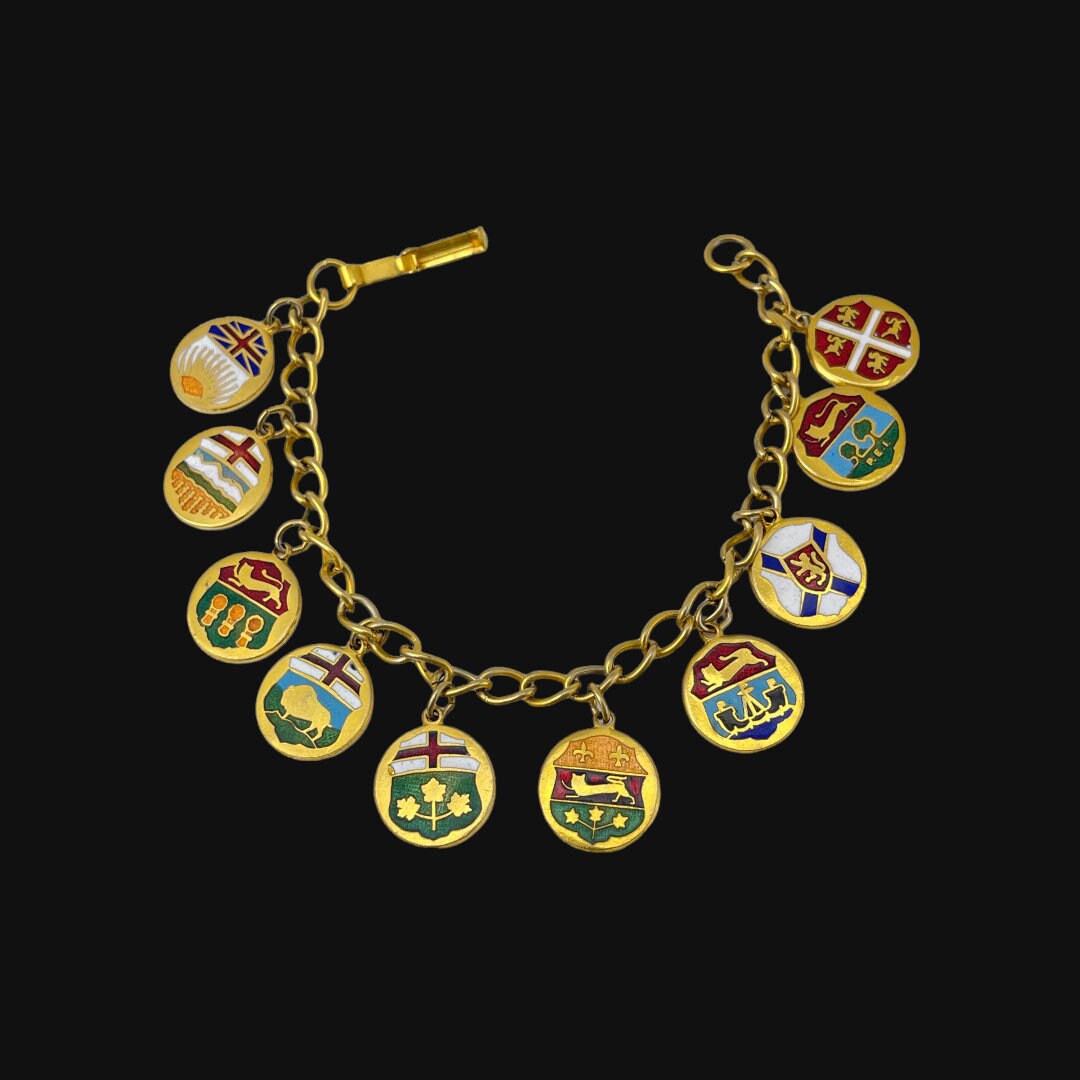 Canada Enamel Shield Charm Bracelet. Canadian Souvenir Panel Bracelet ...