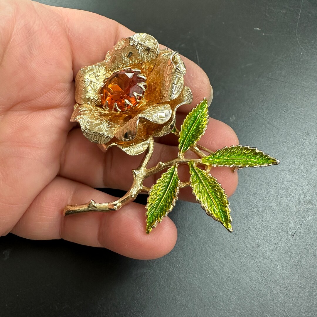 Vintage Sarah Coventry Flower Brooch Gold Rose Topaz Rhinestone Enamel ...