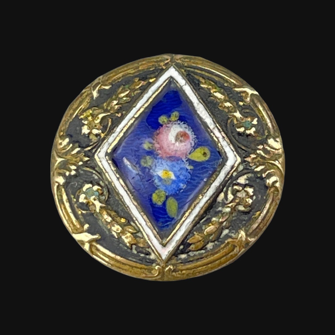 Antique Button Enamel and Brass Button Roses Cobalt Blue White No.888 ...